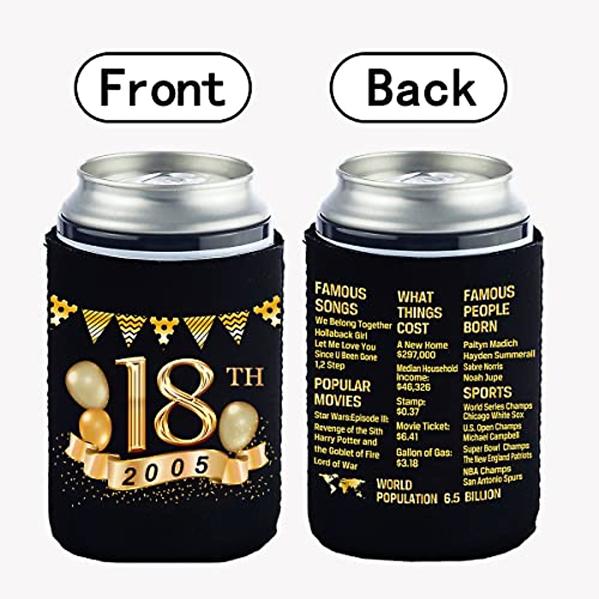 Tartness 18th Birthday Can Cooler Sleeves Pack of 12-18th Anniversary Decorations- 2005 Decorate Sign - 18th Birthday Party Supplies - Black and Gold the eighteenth Birthday Cup Coolers