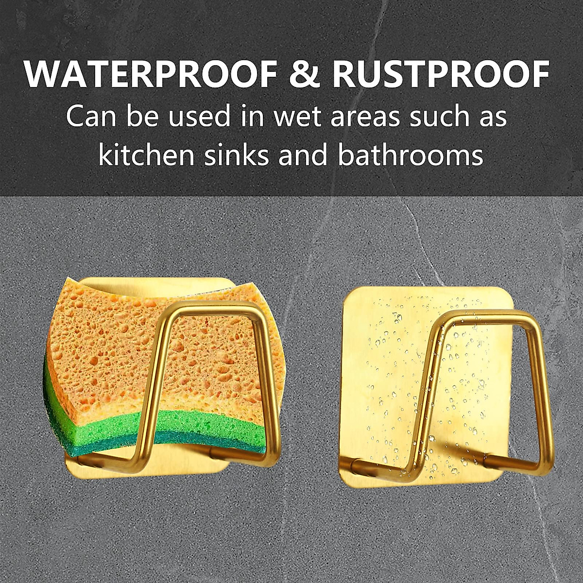 Blueden 2Pcs Adhesive Sponge Holder for Kitchen Sink Essentials,Stainless Steel Dish Sponge Holder for Sink Soap Sponge Holder,Rustproof and Waterproof, Quick Drying, Minimal Size Save Sink Space,Gold