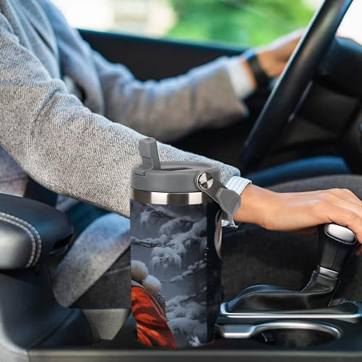 BWQJKUO Large Capacity Car Cup 30 Oz Stainless Steel Santa Claus And Deer Elk Printed Travel Mug Leak-proof Flip Straw Tumbler with Handle,keeps Cold Or Ho