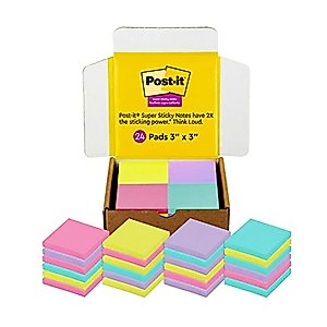 Post-it Super Sticky Notes, 3x3 in, 24 Pads/Pack, 70 Sheets/Pad, Amazon Exclusive Bright Color Collection, Aqua Splash, Acid Lime, Tropical Pink and Iris Infusion