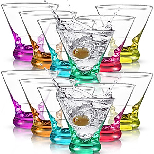 Martini Glasses Colorful Set of 12 Stemless 8 Ounces Cocktail Glasses with Colored Base Cups for Margaritas Home Bar Glassware Colorful Drinking Glasses for Martini Lovers Gift Bar Dessert Kitchen