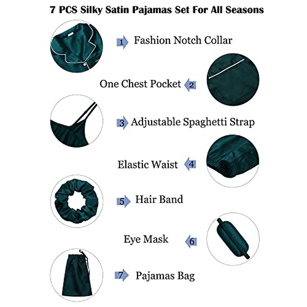 SWOMOG Womens Pjs Sets 7pcs Button Down Short Sleeve Shirt Pajamas Eye Mask Silk Satin Cami Sleepwear with Shorts Deep Green