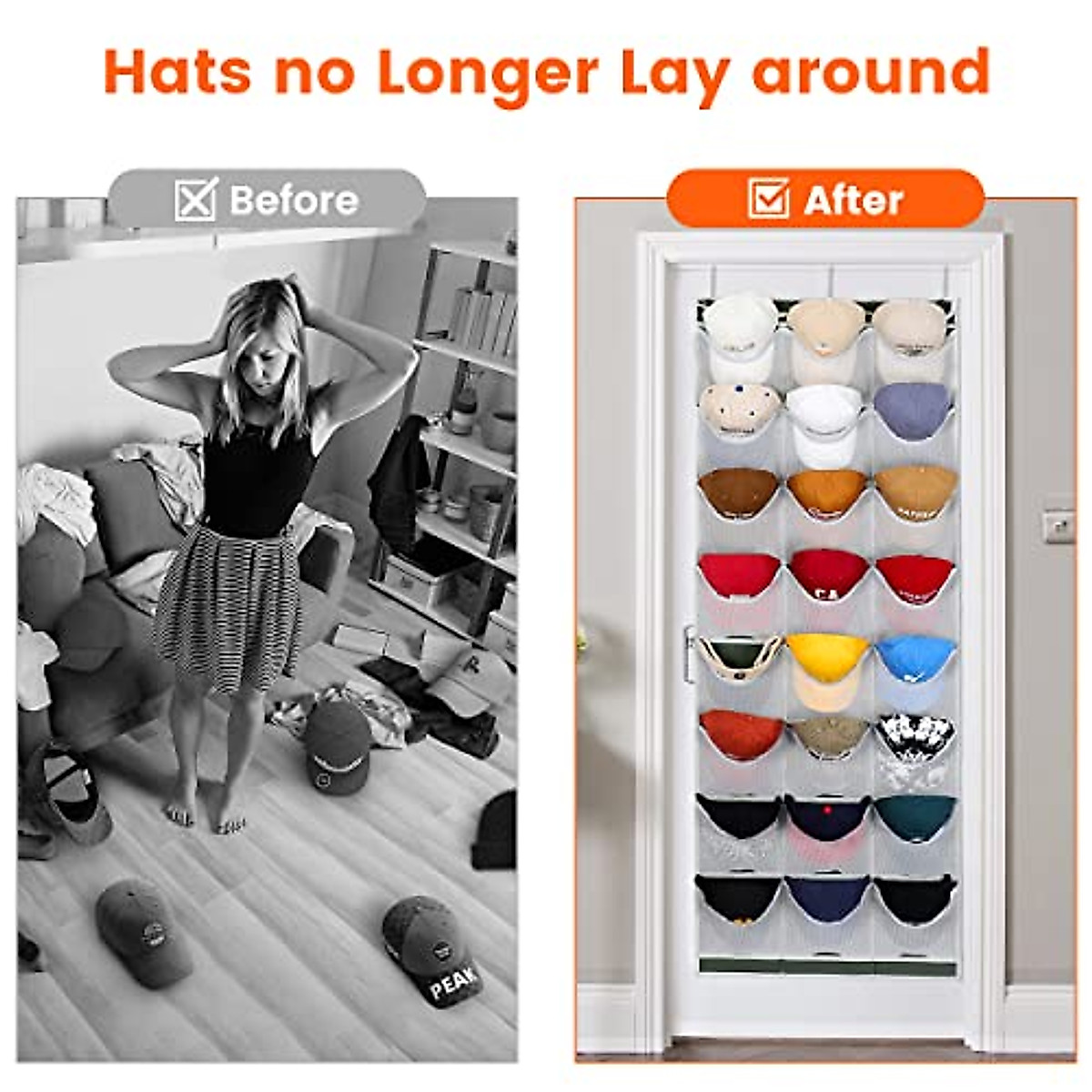 Hat Racks for Baseball Caps, 24 Pockets Hat Organizer for Cap Collection, Hat Holder with Deeper Breathable Mesh Slots & Velcro Preserve Hats' Brims 1