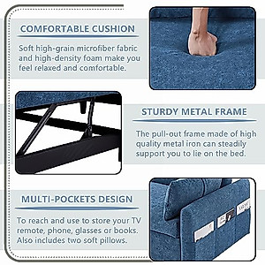 Gynsseh Pull Out Sofa Sleeper, 3 in 1 Convertible Sleeper Sofa Bed with 2 Pillows and Storage Pockets, Microfiber Love Seat Lounge Sofa Bed for Small Space, Living Room, Blue