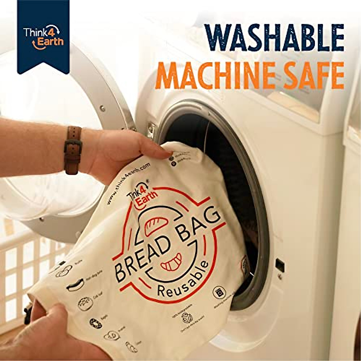 Think4Earth – (2 Pack) Cotton Linen Bread Bag Organic - Reusable bread bags for homemade bread gift giving - Bread Container for large Sourdough Loafs – Counter Top Cloth Bread Storage and Transport.