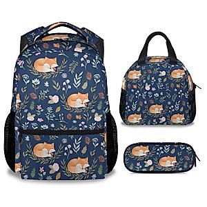 Mercuryelf Fox Girls Boys Backpack with Lunch Box Set, 3 in 1 School Travel Backpacks Matching Combo, Aesthetic Dark Blue Bookbag and Pencil Case Bundle