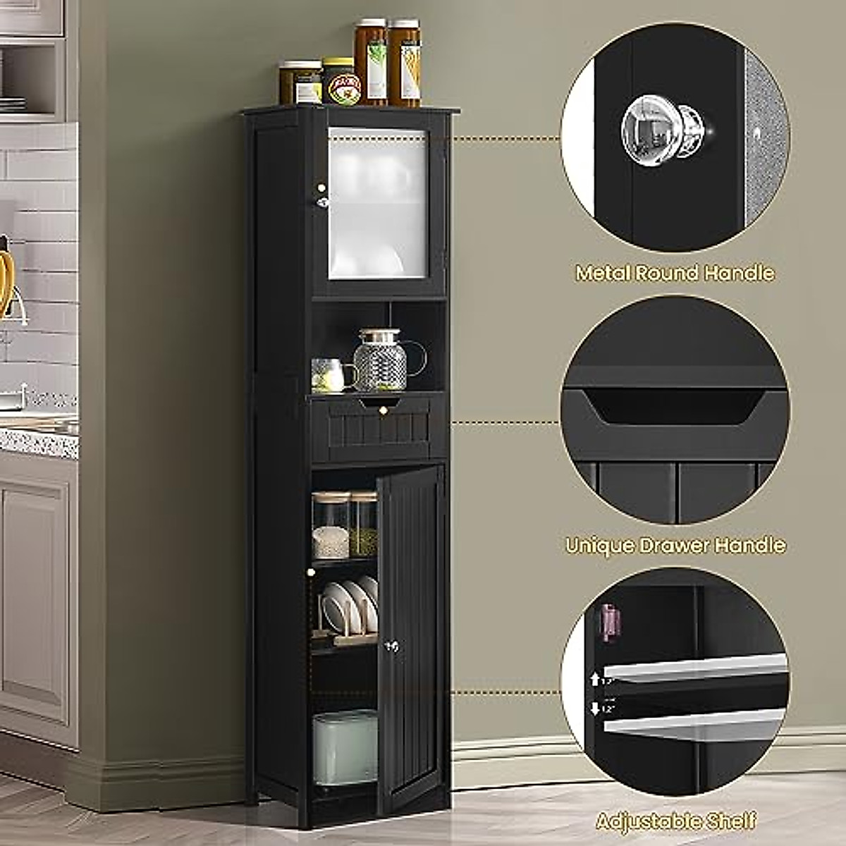 Iwell 67.2" H Tall Bathroom Storage Cabinet with 2 Doors & 1 Drawer, Bathroom Cabinet with 4 Shelves, Narrow Linen Cabinet for Living Room, Bathroom, Kitchen, Black
