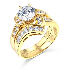 14k Yellow Gold SOLID Wedding Engagement Ring and Wedding Band 2 Piece Set - Size 7