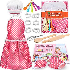 Kids Cooking Baking Set 19Pcs, Kids Chef Role Play Costume Set - Chef Hat and Matching Pink Apron Children Dress up Pretend Gift for 3 4 5 6 7 8 Year Old Girls Toys