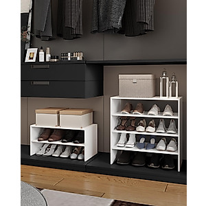 LOWOSA 2-Tier Stackable Shoe Rack, Wooden 2-Shelf Shoe Organizer Freestanding Shoe Storage Stand for 6-9 Pairs, Perfect for Closet, Entryway, Office Use - White