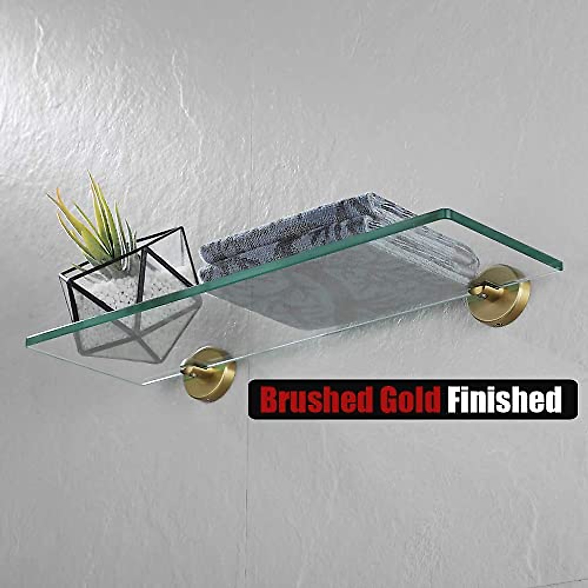 JQK Bathroom Glass Shelf Gold, Tempered Glass Shower Storage 16 by 5 inches, 304 Stainless Steel Brushed Gold Wall Mount, TGS101-BG