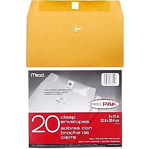 Mead Letter Size Mailing Envelopes, Clasp Closure, All-Purpose 24-lb Paper, 9" X 12", Brown Kraft Material, 20/Pack (76020)