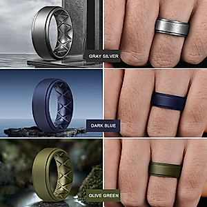 Egnaro Silicone Wedding Wedding Band Men, Silicone Rings for Men, 7 Rings Step Edge Rubber Wedding Bands Comfort for Workout, 8mm Wide-2mm Thick,Black、white，Green，Gray Size 10