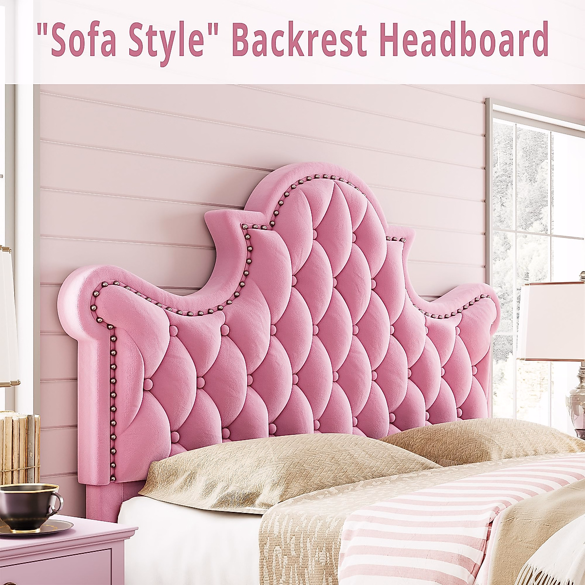 LIKIMIO Queen Size LED Bed Frame, Camas Queen with 58" Tall Tufted Headboard, Sturdy and Noiseless, No Box Spring Required, Pink