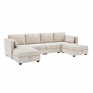 kevinplus 110" Modular Sectional Sofa Couch for Living Room, Modern Contemporary 4-Seat U-Shape Sofa Couch with Storage Seat & Reversible Ottoman for Apartment Office, Linen Fabric, Beige