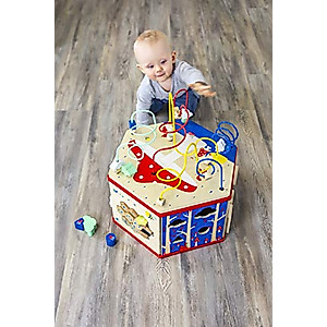 Wooden Activity Cube XL Size by Small Foot – Classic 7-Sided Interactive Toy with Bead Maze, Puzzle, Shape Sorter, Clock & Wheels - Develops Kids Dexterity, Motor Skills – Age 12+ months