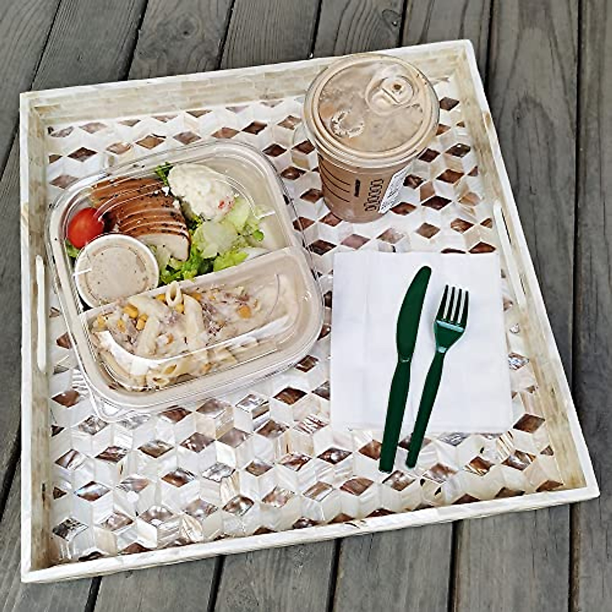 I-lan Square Serving Trays, Wooden Ottoman Tray with Cutout Handles, Decor Valet Tray, Chromatic Mother of Pearl Inlay Table Tray for Food, Catering, Catchall, Kitchen S-13.7"