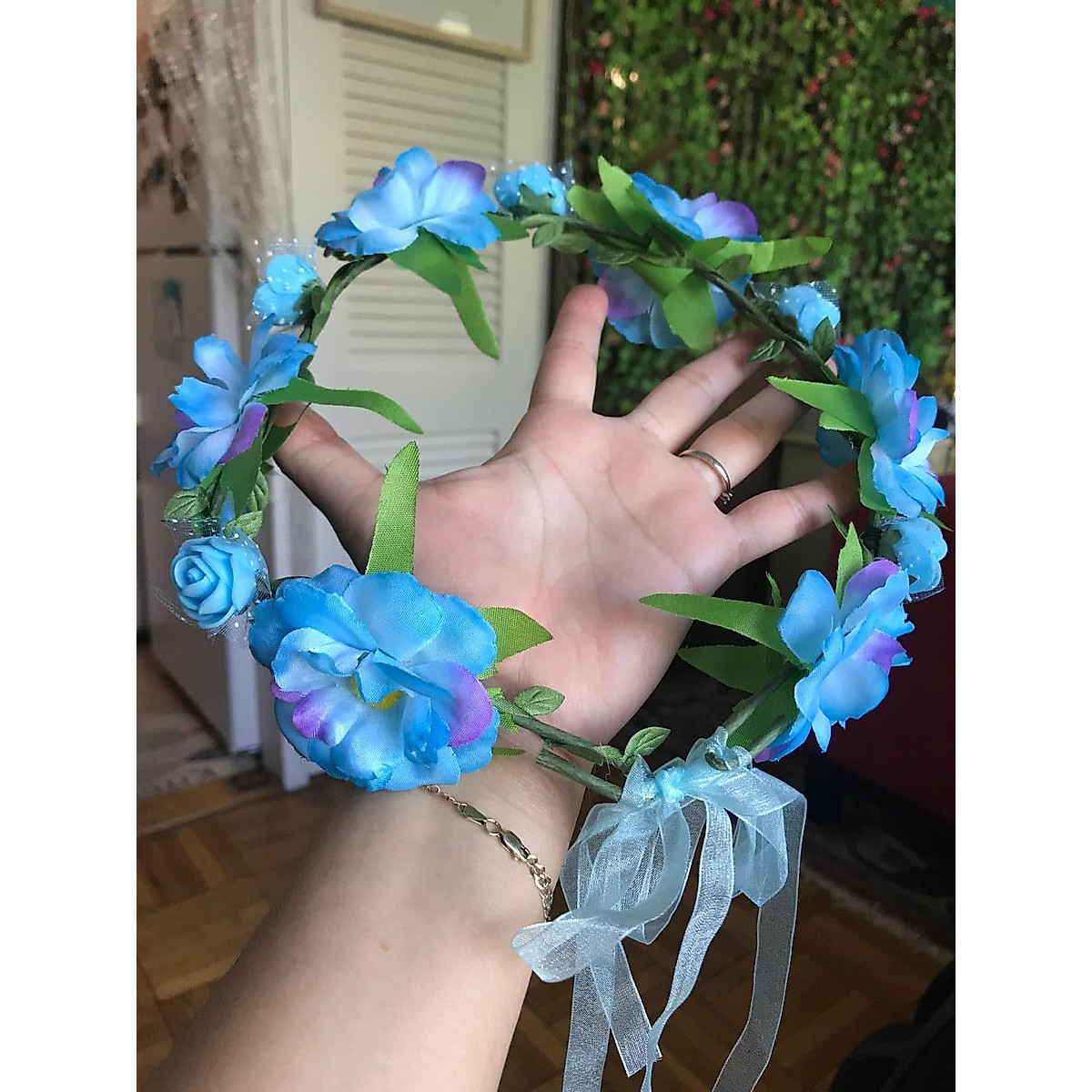 6Pcs Adjustable Boho Flower Crowns with Elastic Ribbon Floral Headbands Garland Bridal Bridesmaid Women Girls Teens Kids Headpiece for Hawaiian Party Wedding Beach Festival