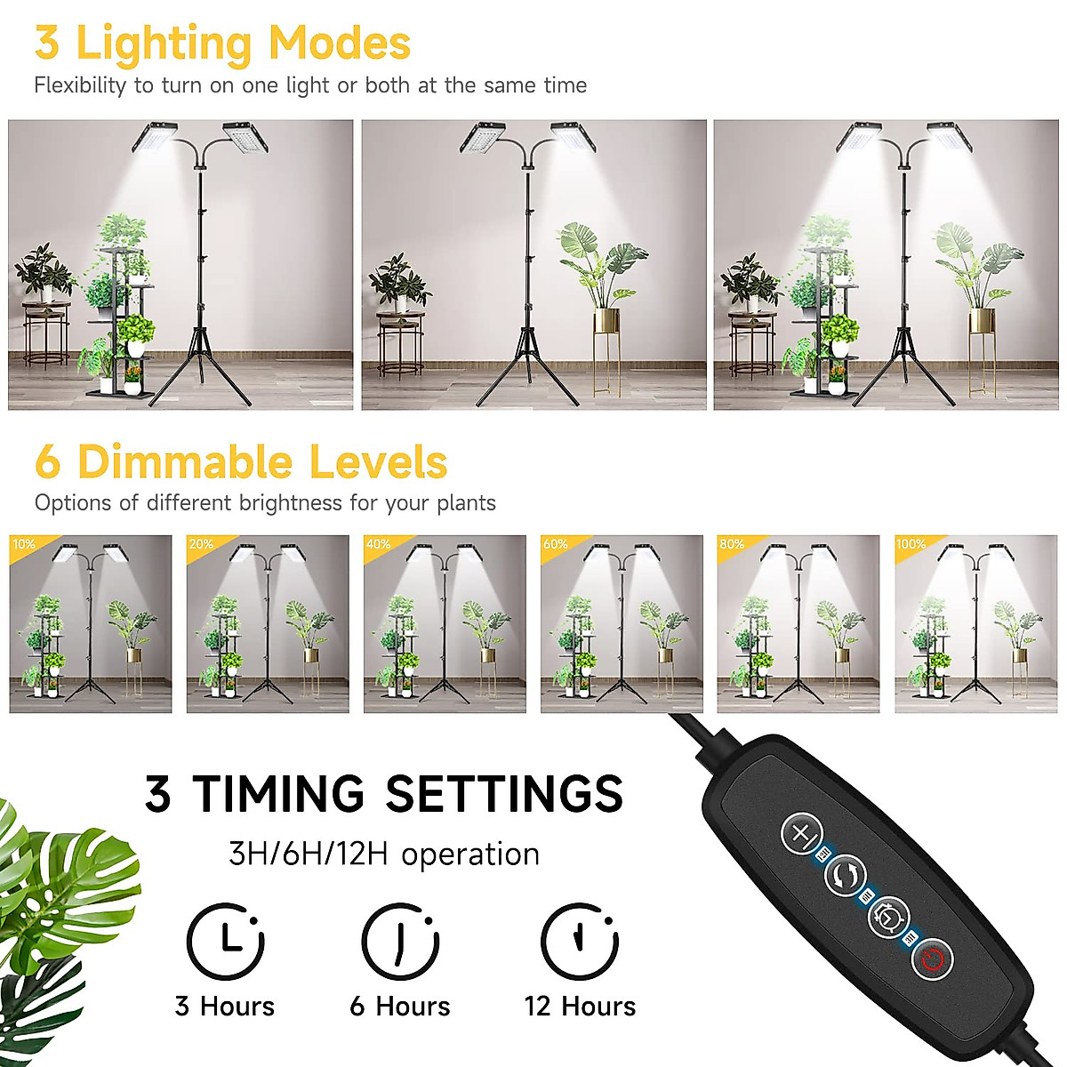 Gilouppe Grow Lights for Indoor Plants, 120 LEDs 6000K Full Spectrum Growing Lamp with Adjustable Tripod Stand 16-63", Dual Heads Plant Light for Indoor Plants with Auto On/Off Timer, 3 Switch Modes