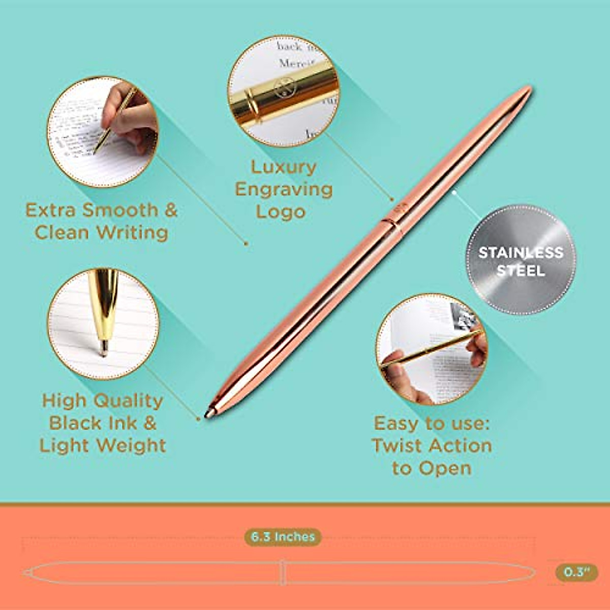 Oriday Chrome Ballpoint Slim Pens Set of 4 - Lightweight Metal Ball Point Pen in Black Ink Gift Box for Wedding, Student Gift, Bridal Shower (Gold, Black Ink)