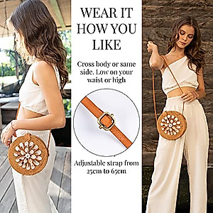 Outlavish Rattan Round Woven Straw Purse Bag, Seashells Trendy 2022, Crossbody Shoulder + Adjustable Strap For Women, Summer Beach (20cm Round, Brown)
