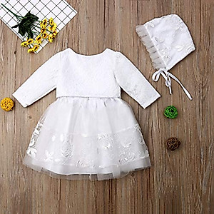 Cudilica Newborn Baby Girls Christening Princess Long Sleeve Tulle Lace Dress Skirts Shawl Hat 3Pcs Infant Clothes Sets (White, 0-3 Months)