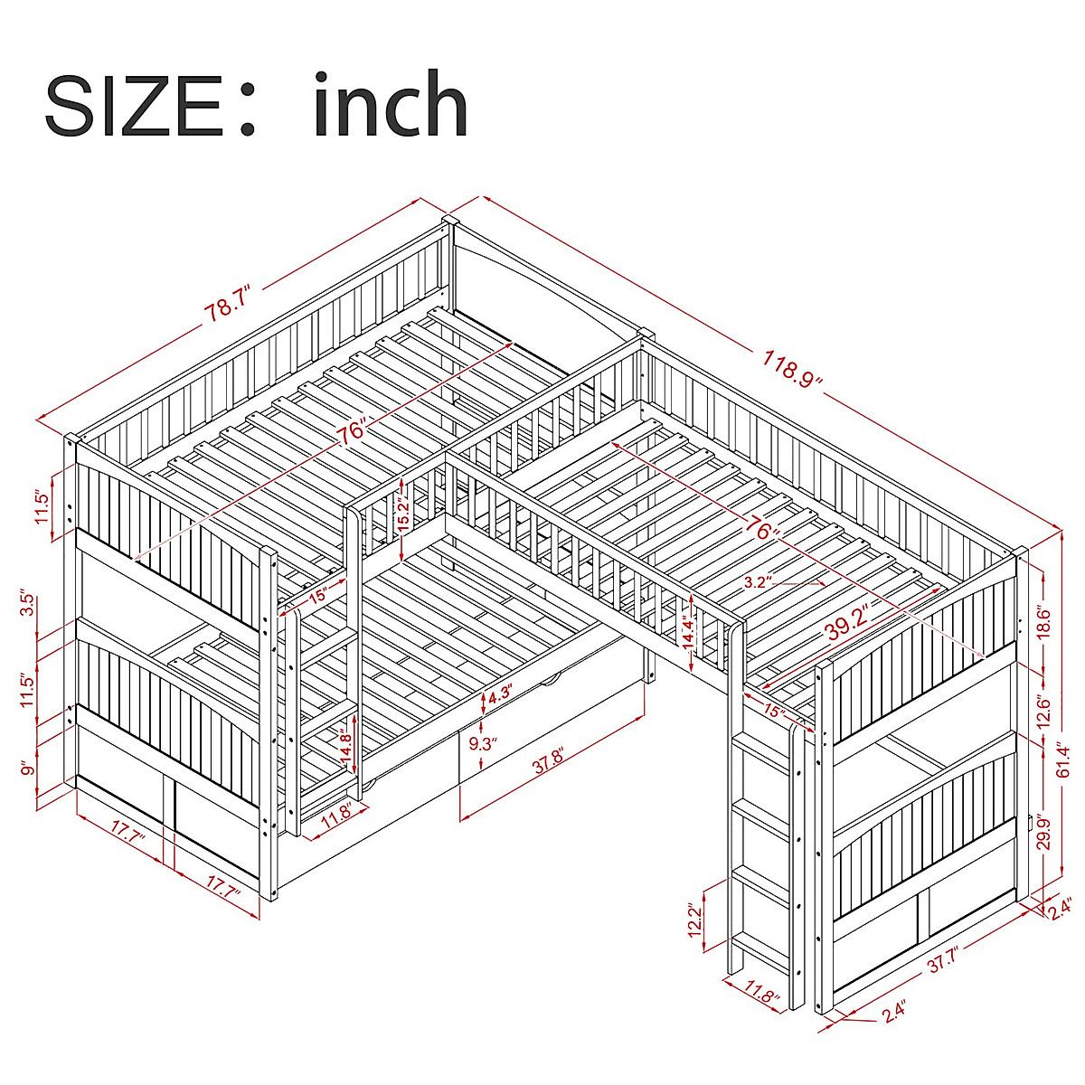 Triple Bunk Beds, L-Shaped Bunk Bed for 3 with Drawers,Twin Over Twin Wood Bunk Bed and Loft Bed with Storage for Kids, Boys, Girls, Teens, Adults, Gray
