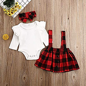 Newborn Baby Girl Suspender Skirt Outfit Set Christmas Ruffle Long Sleeve Plaid Shirts and Overall Skirts+Headband (Red , 0-3Months )