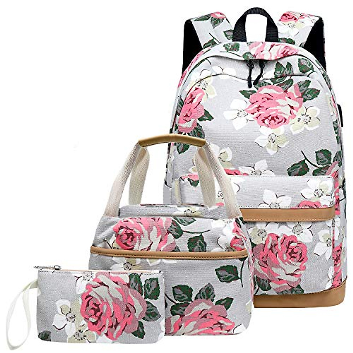 Qomalaya Canvas School Backpack Teens Backpack School Bag Backpack for School Book Bag set (Floral-grey)
