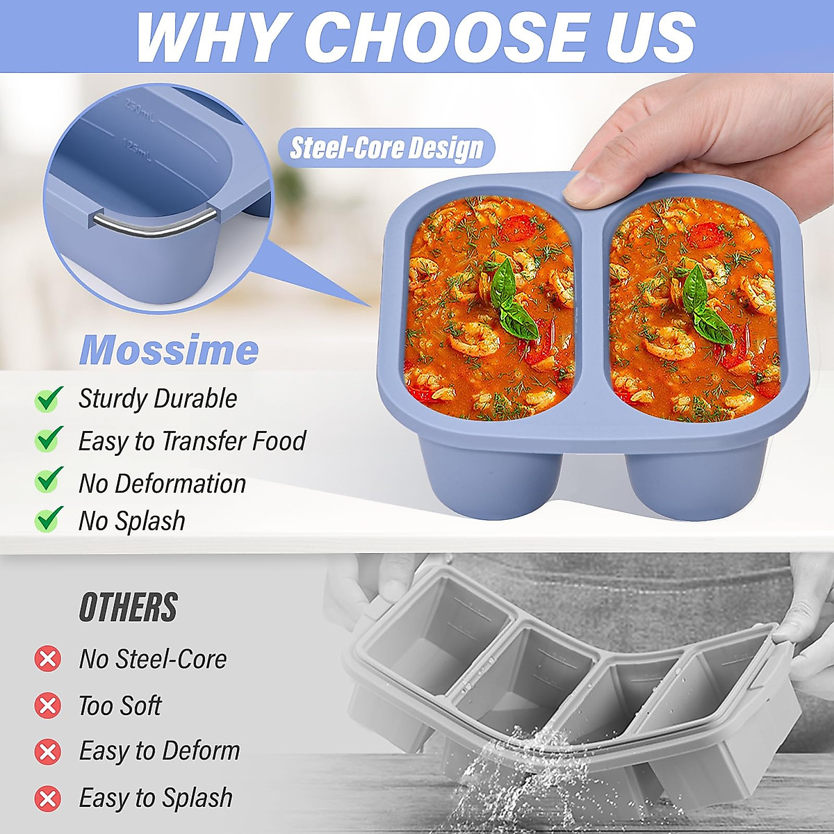 Mossime Silicone Soup Freezer Molds: 1 Cup Silicone Freezer Trays with Lid - 4 Packs Easy Release Soup Freezer Containers - 250ml 125ml Portion Large Cubes for Ice Soup (4, Blue/Purple)