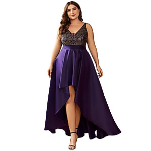 Ever-Pretty Women's Plus Size Sequin V-Neck High-Low A-line Evening Dress Prom Gowns Purple US18