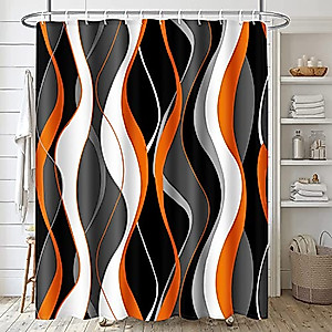 Geometric Orange Bathroom Sets with Shower Curtain and Rugs and Accessories, Black and Gray Shower Curtain Sets, Modern Orange Shower Curtains for Bathroom,Orange Bathroom Decor 4 Pcs