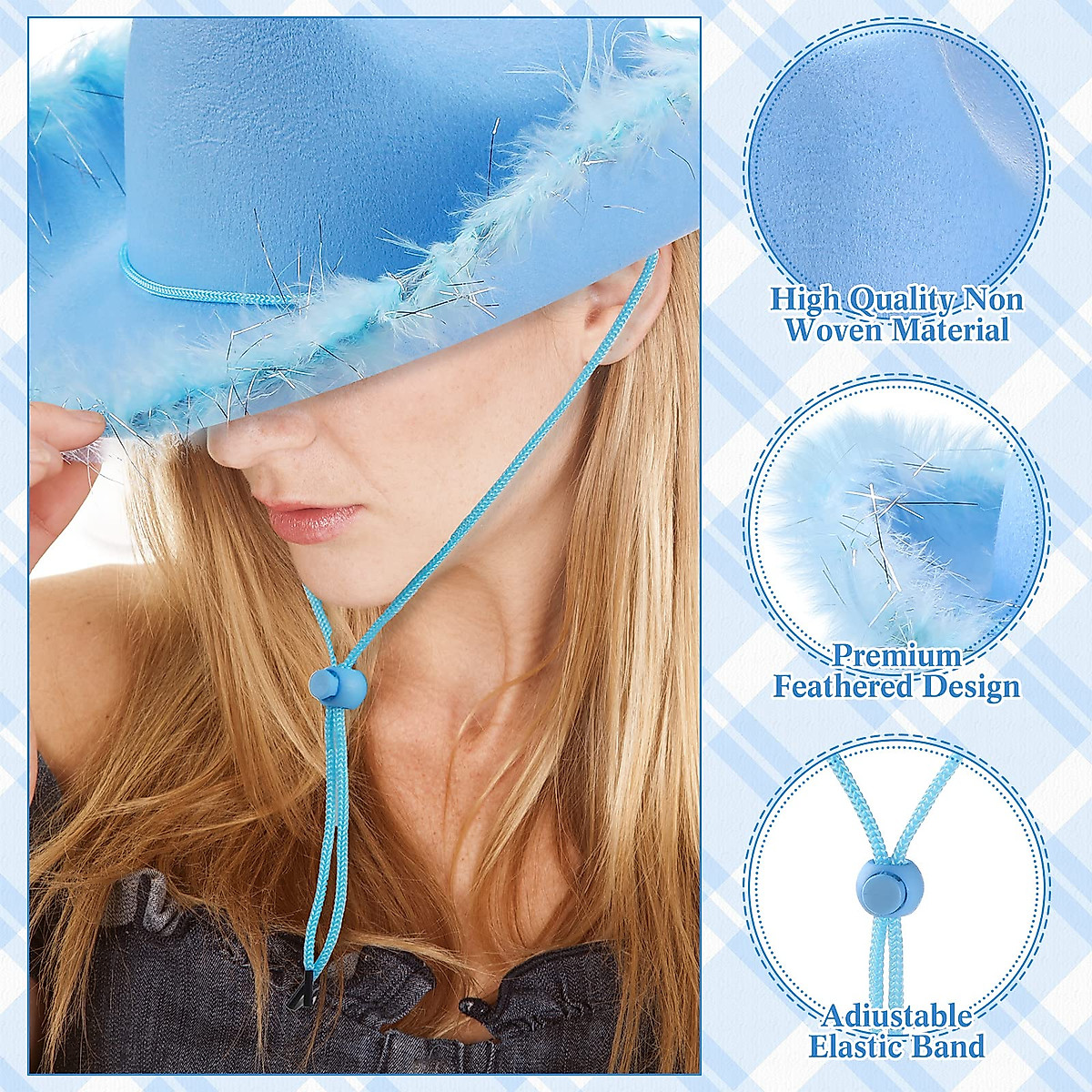 24 Pack Cowgirl Hats with Paisley Bandana and Heart Glasses Set, Fluffy Feather Boa Cowgirl Hats Cowboy Hats for Party (Light Blue)