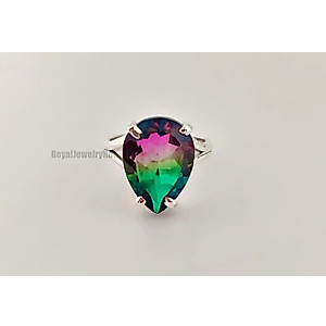 Multi Color Tourmaline Quartz Ring, Pear Shape Gemstone Ring, Handmade Ring, Women Ring, Gift For Her, All US Ring Size (Yellow Gold Plated Silver, 9)