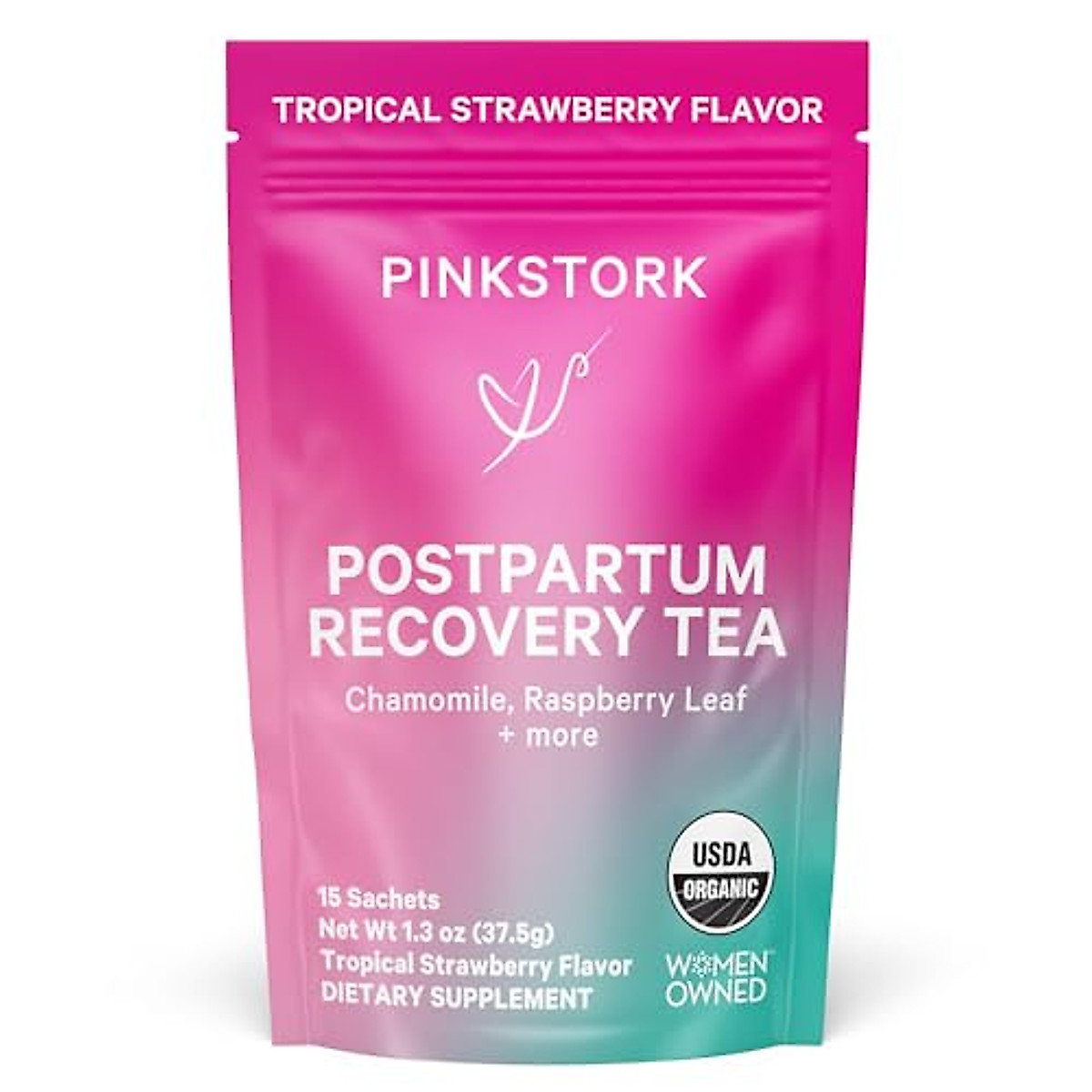 Pink Stork Postpartum Recovery Herbal Tea, Organic Red Raspberry Leaf with Chamomile, Hormone Balance for Women after Labor and Delivery, Strawberry Passion, Caffeine-Free, 15 Sachets