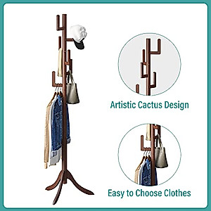 Vriccc Coat Rack Freestanding, Bamboo Cactus Coat Stand, Adjustable Height Wooden Coat Tree with 6 Hooks, kids coat rack, Used In The Bedroom Living Room, Office To Hang Clothes, Hats, Bags