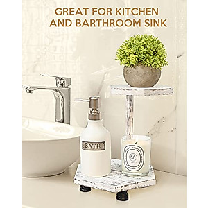 Tikea Hexagonal Wood Riser for Display, 2-Tier Farmhouse Wood Pedestal Stand for Kitchen Bathroom Counter Decor, Decorative Tray for Soap Dispenser, Candle and Plant