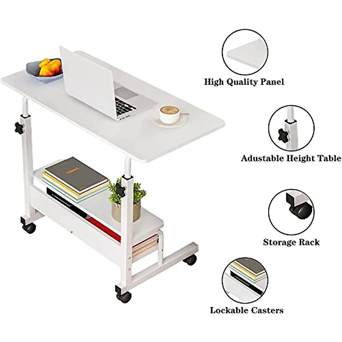 Adjustable Table Student Computer Desk Portable Home Office Furniture Small Spaces Desk Sofa Bedroom Bedside Desk Learn Play Game Desk on Wheels Movable with Storage Desk Size 31.5 * 15.7 Inch,White