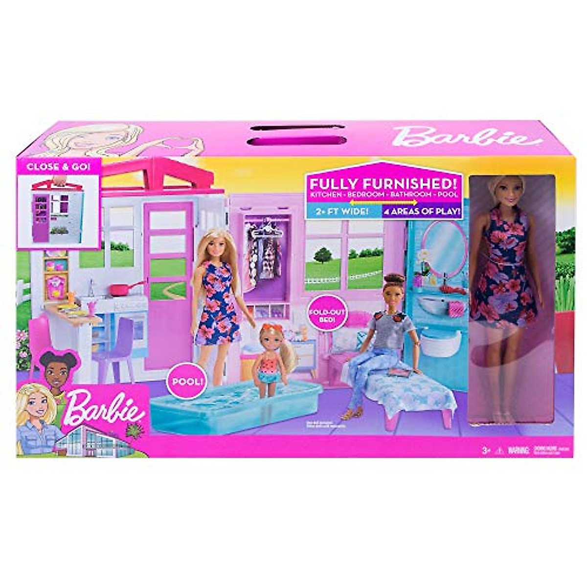 Barbie Doll and Dollhouse, Portable 1-Story Playset with Pool