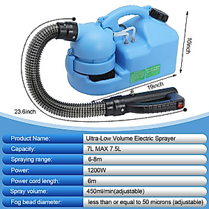 Electric ULV Fogger Sprayer Machine 7L (1.85 Gallon) Capacity, Portable Ultra-Low Atomizer Foggers Sprayer for Indoor and Outdoor Use
