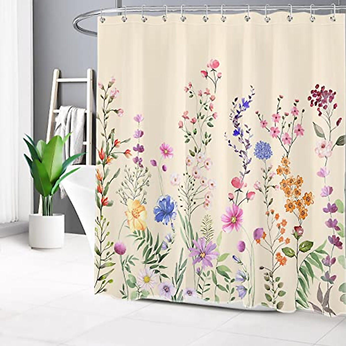 LB Farmhouse Floral Shower Curtain for Bathroom,Nature Colorful Wildflower and Green Botanical on Beige Fabric Shower Curtain with Hooks,Spring Country Theme Bathroom Curtains Shower Set, 72x78 inches