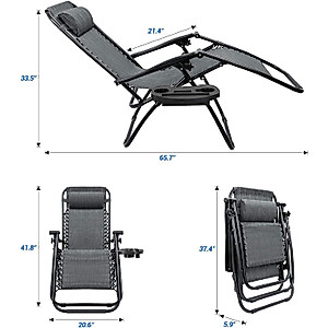 Deconi Set of 2 Adjustable Steel Mesh Zero Gravity Lounge Chair Recliners w/Pillows and Cup Holder Trays,Gray