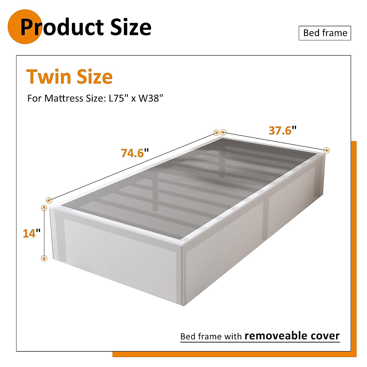 Maenizi Twin Bed Frame with White Fabric Cover 14 Inch, Heavy Duty Metal Bed Frame Twin, No Box Spring Needed, Support Up to 2500 lbs, Easy Assembly, Noise Free, Black