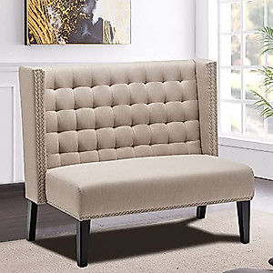 Yongqiang Modern Upholstered Bench with Back Tufted Loveseat Settee for Dining Room Living Room Entryway Sofa Couch Banquette with Wood Legs Khaki
