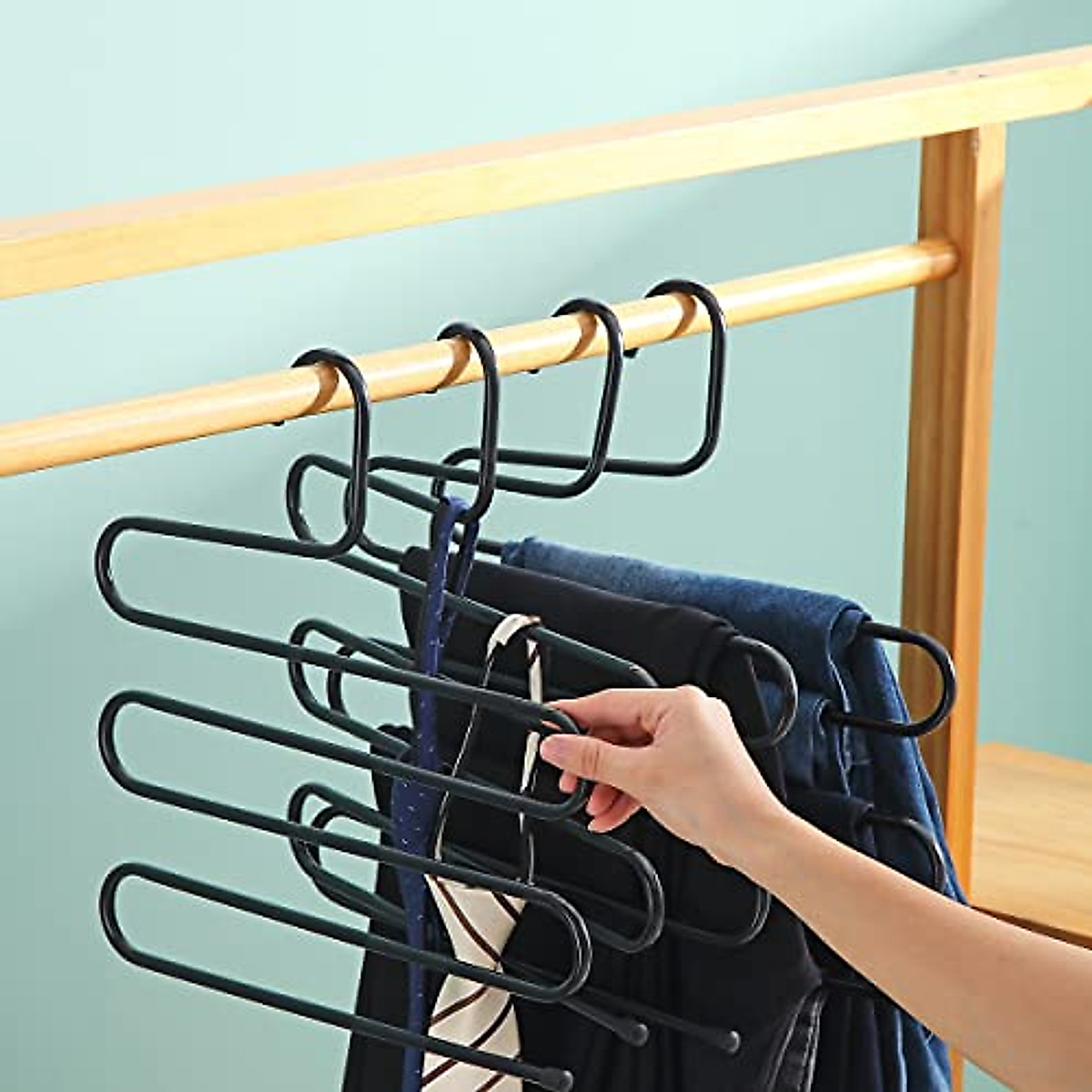 Kyraton Pants Hangers S-Shaped Non-Slip 4-Pack Trouser Hanger PP Hanger, Closet Space Saving, Hangers Closet Storage Organizer for Pants, Jeans, Scarves, Towels Hanging (Black).