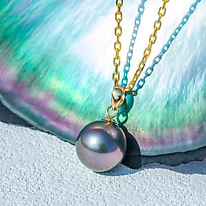 mihiarii Tahitian Black Pearl Necklace 18K Real Solid Yellow Gold Pendant 10MM Tahiti Natural Pearl Necklaces Birthday Anniversary Mothers Day Valentines Day Christmas Gifts for Mom Her Women
