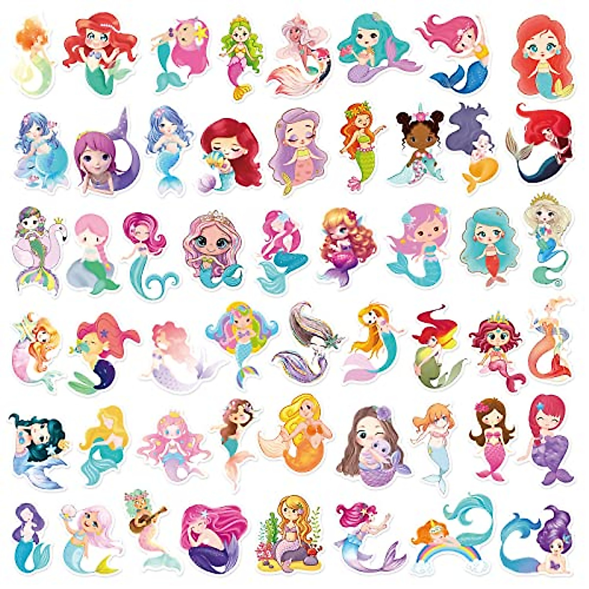 50PCS Kawaii Cartoon Mermaid Stickers Sweet Mermaid Fairy Stickers Waterproof Bedroom Wardrobe Car Skateboard Motorcycle Bicycle Luggage Guitar Laptop Phone DIY Decal Vinyl Stickers for Kid Girl (mermaid)