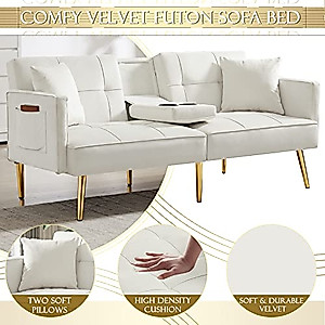 Obuvar Convertible Velvet Futon Sofa Bed, Upholstered Modern Sleeper Sofa with 2 Cup Holders, Modern Living Room Loveseat Couch with 3 Adjustable Angles and 6 Metal Legs, Off White (Line Backrest)