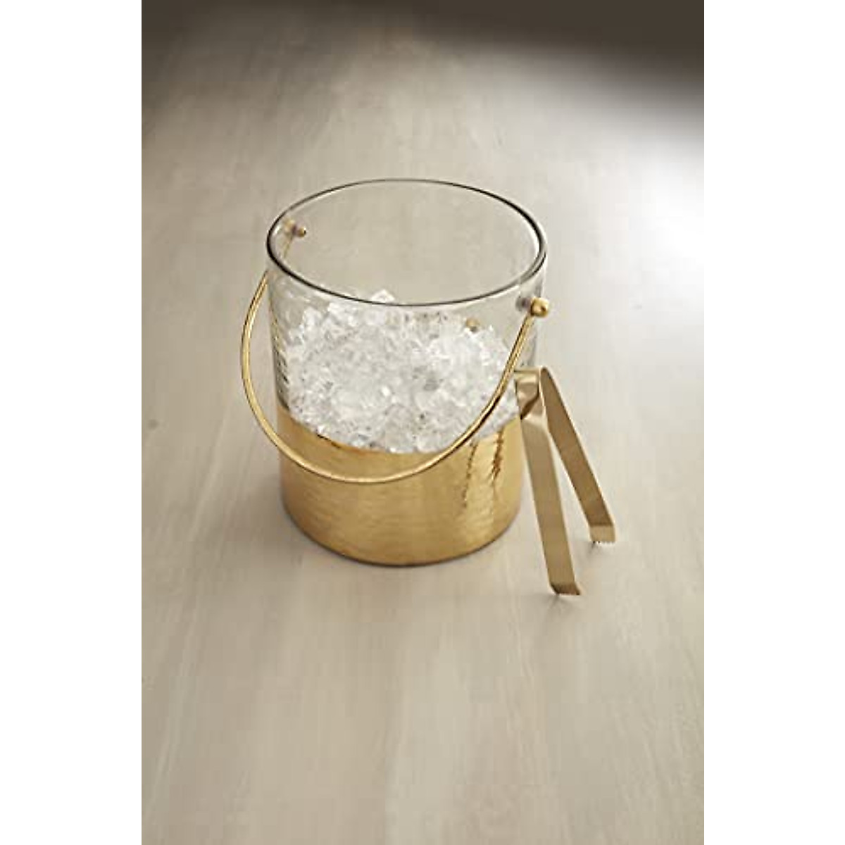 Mud Pie Ice Set, Bucket 8 x 7 Dia | Tongs 6 1/2", 1/2" 1/2" 1/2", Gold and Clear
