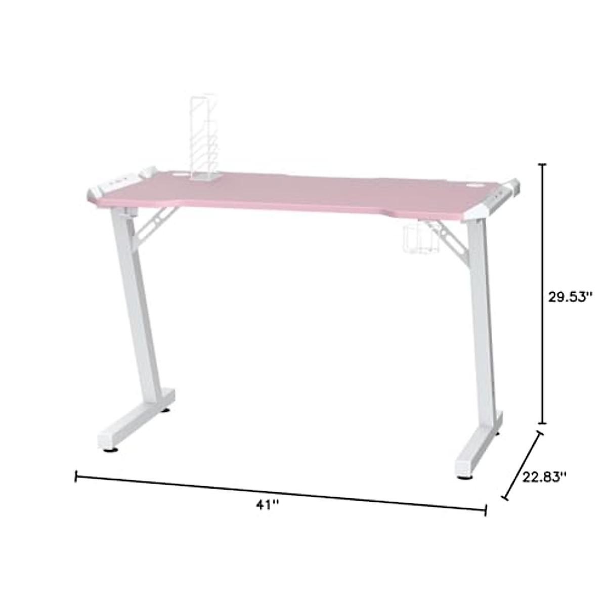Oryxearth Pink Gaming Desk with LED Lights, 41" Z Shaped RGB Home Gaming Computer Desk Table, Ergonomic PC Workstation with Remote Control, Cup Holder, Handle Rack, Headphone Hook for Office Use